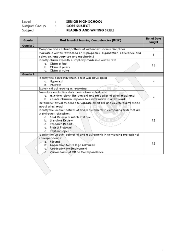 Reading and Writing MELCs BOW | PDF | Intertextuality | Learning