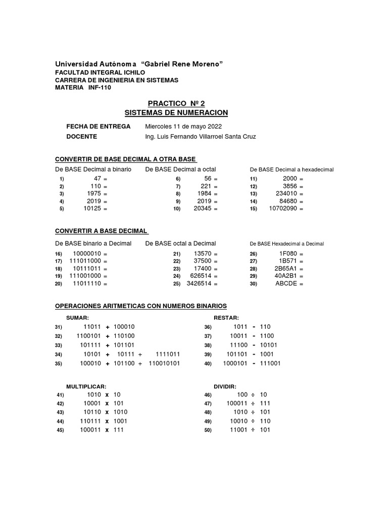 Practico 2 INF 110 - 2022 | PDF | Aritmética | Codificaciones