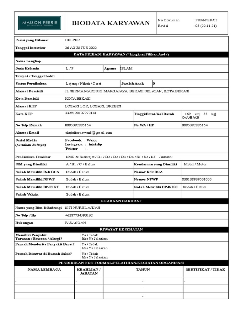 Formulir Biodata Calon Karyawan - 2022 | PDF