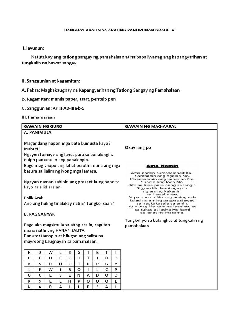 BANGHAY ARALIN SA ARALING PANLIPUNAN GRADE IV Sangay | PDF