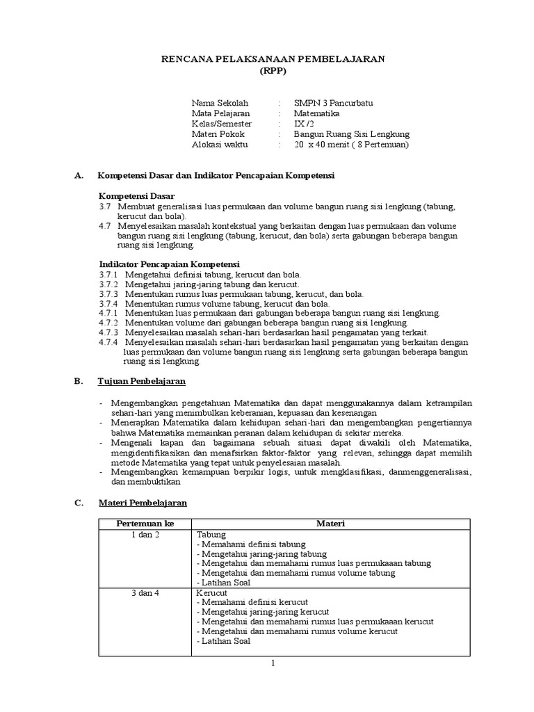 RPP 9 Bab V Bangun Ruang Sisi Lengkung | PDF