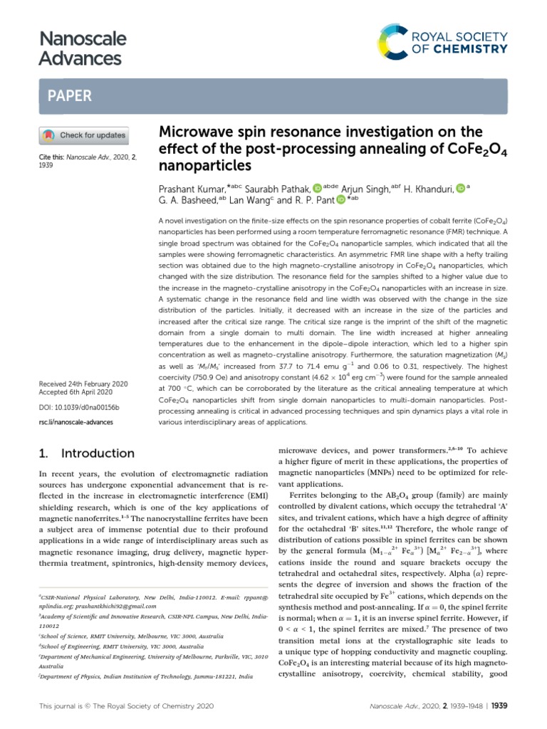 Microwave Spin Resonance of CoFe2O4 Nanoparticles | PDF ...