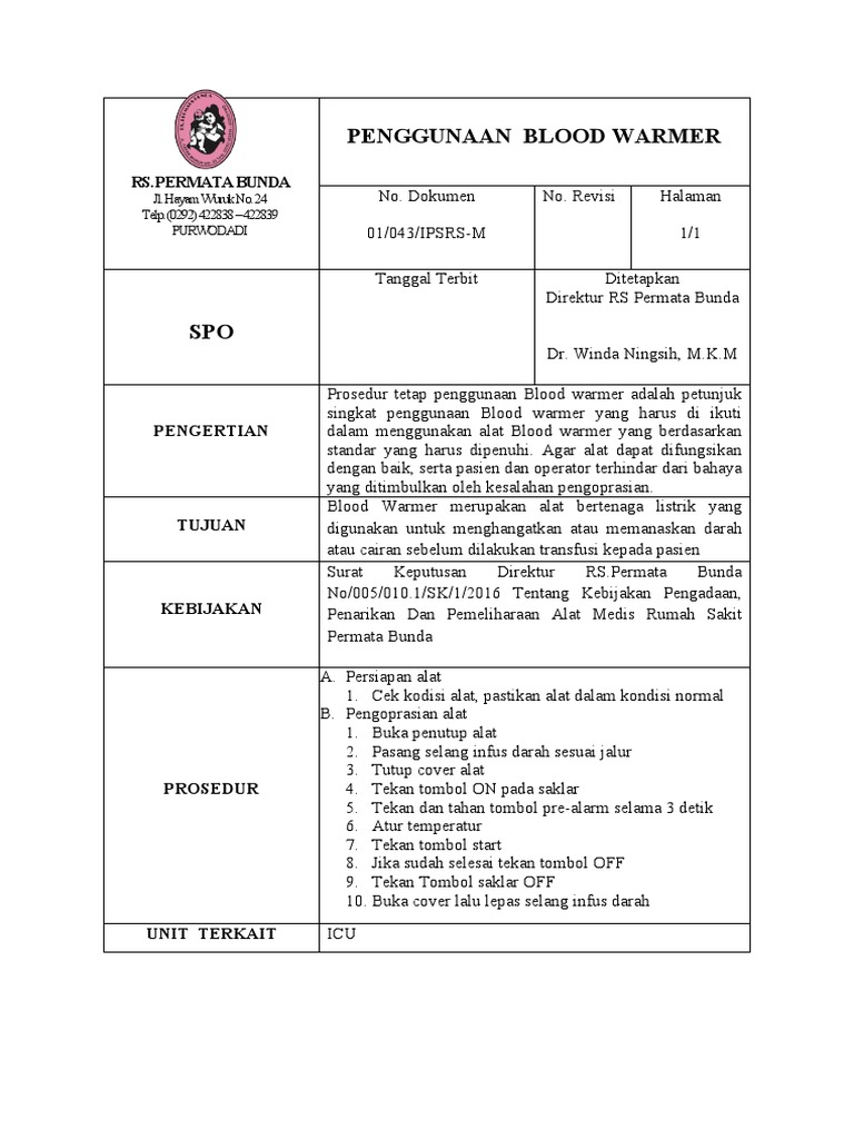 Sop Blood Warmer | PDF