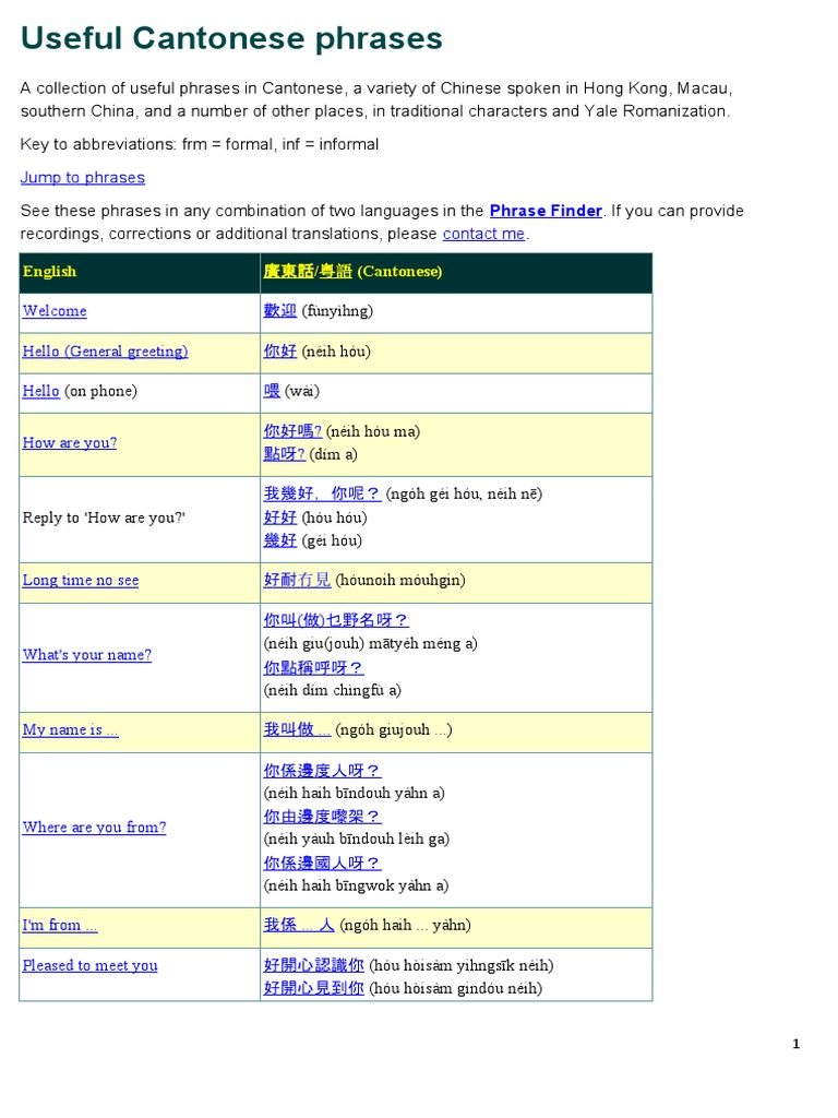 Useful Cantonese phrases | PDF | Languages Of Singapore | Linguistics