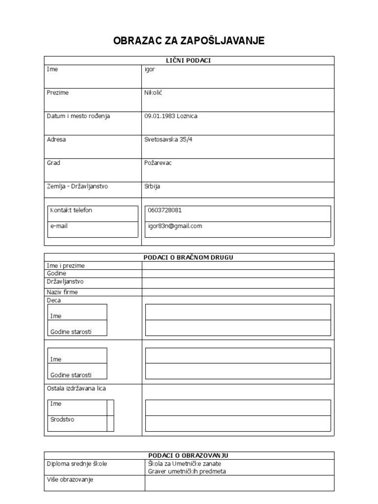 Obrazac Za Zapošljavanje: Lični Podaci | PDF