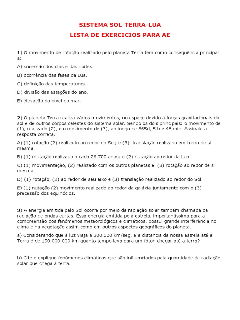 Sistema Sol-Terra-Lua Lista de Exercicios Revisão | PDF | Terra | Sistema Solar