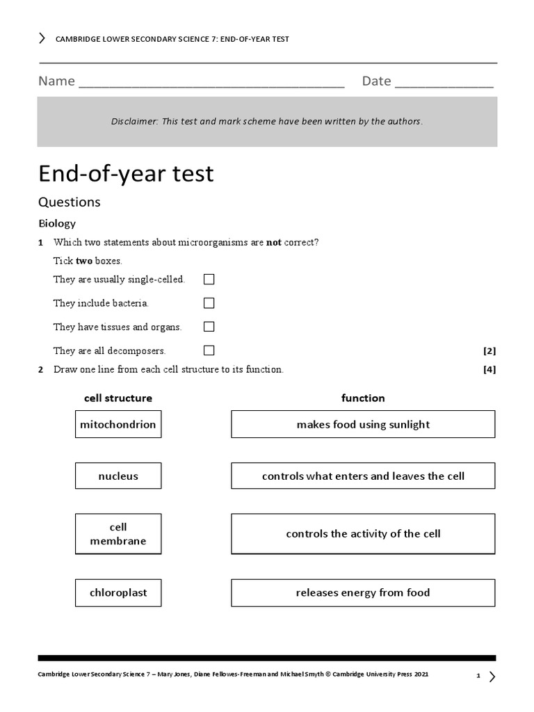 Lower Secondary Science 7 End-Of-Year Test | PDF | Hydroxide | Acid
