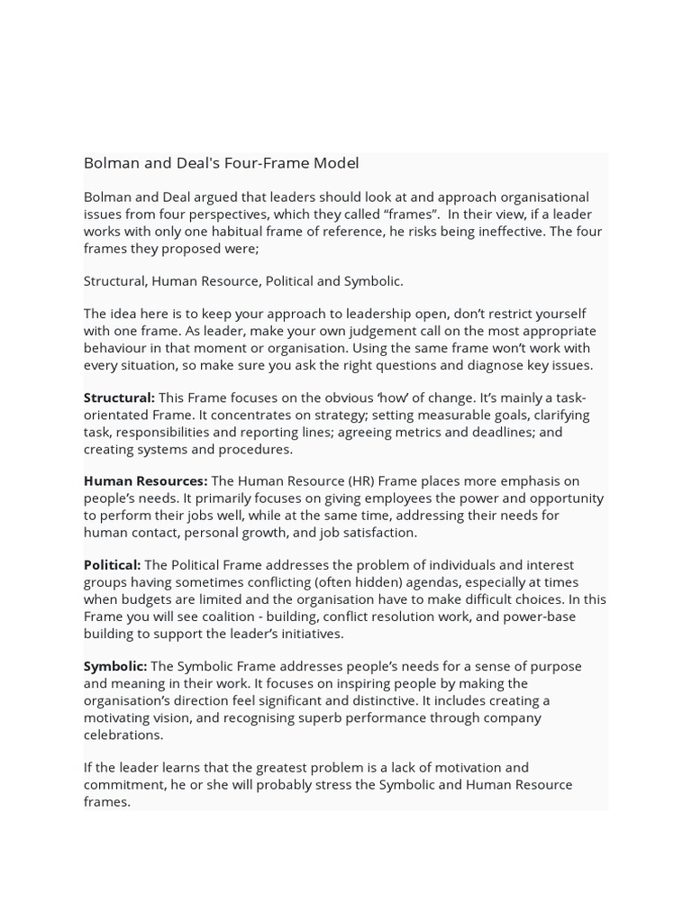 Bolman and Deal Structuraal Frame | PDF | Leadership | Human Resources