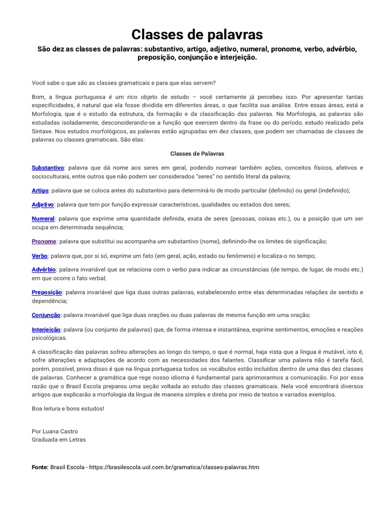 Classes de Palavras | PDF | Classe gramatical | Palavra
