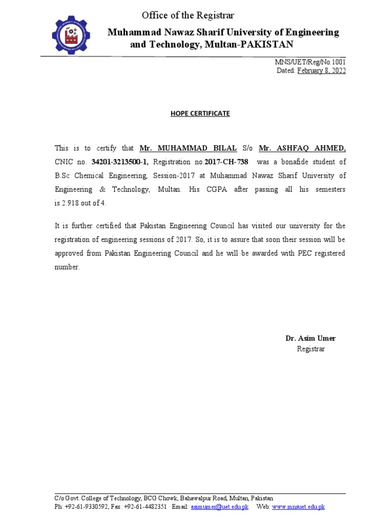 PEC Hope Certificate | PDF