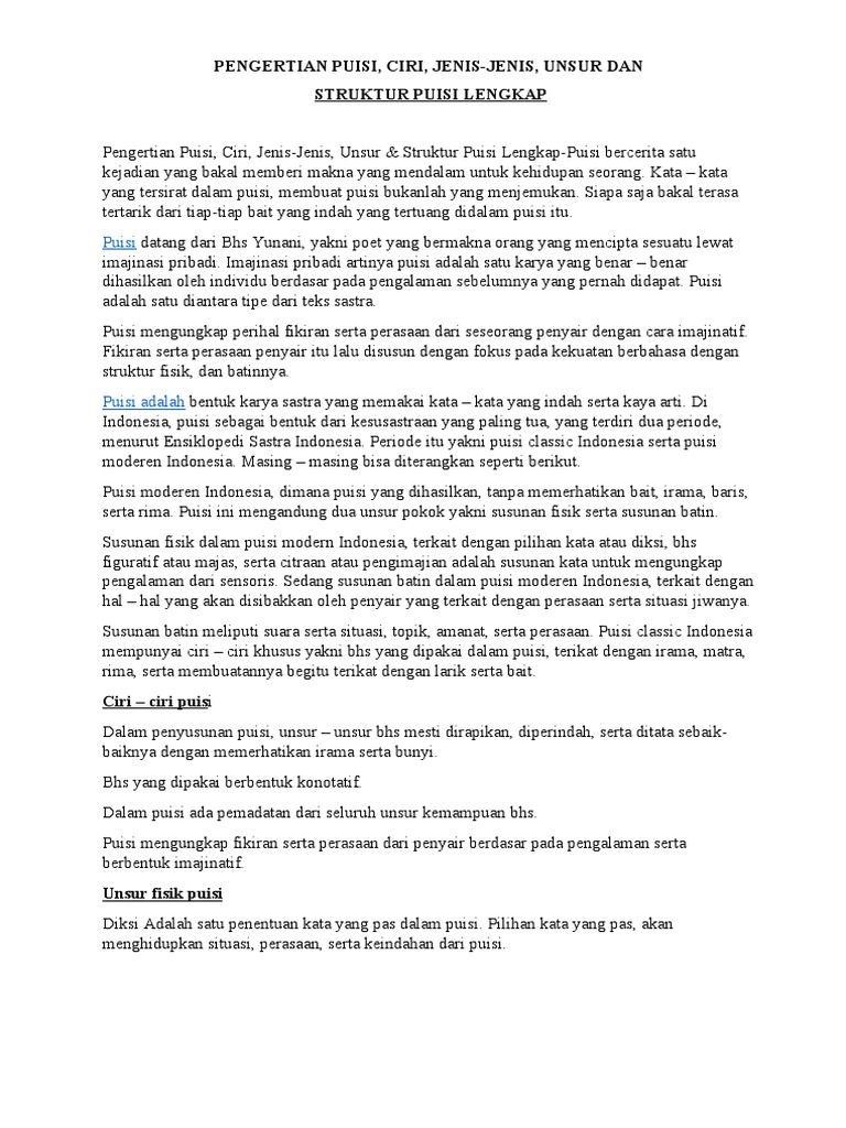 Pengertian Puisi Ciri Jenis Jenis Unsur | PDF