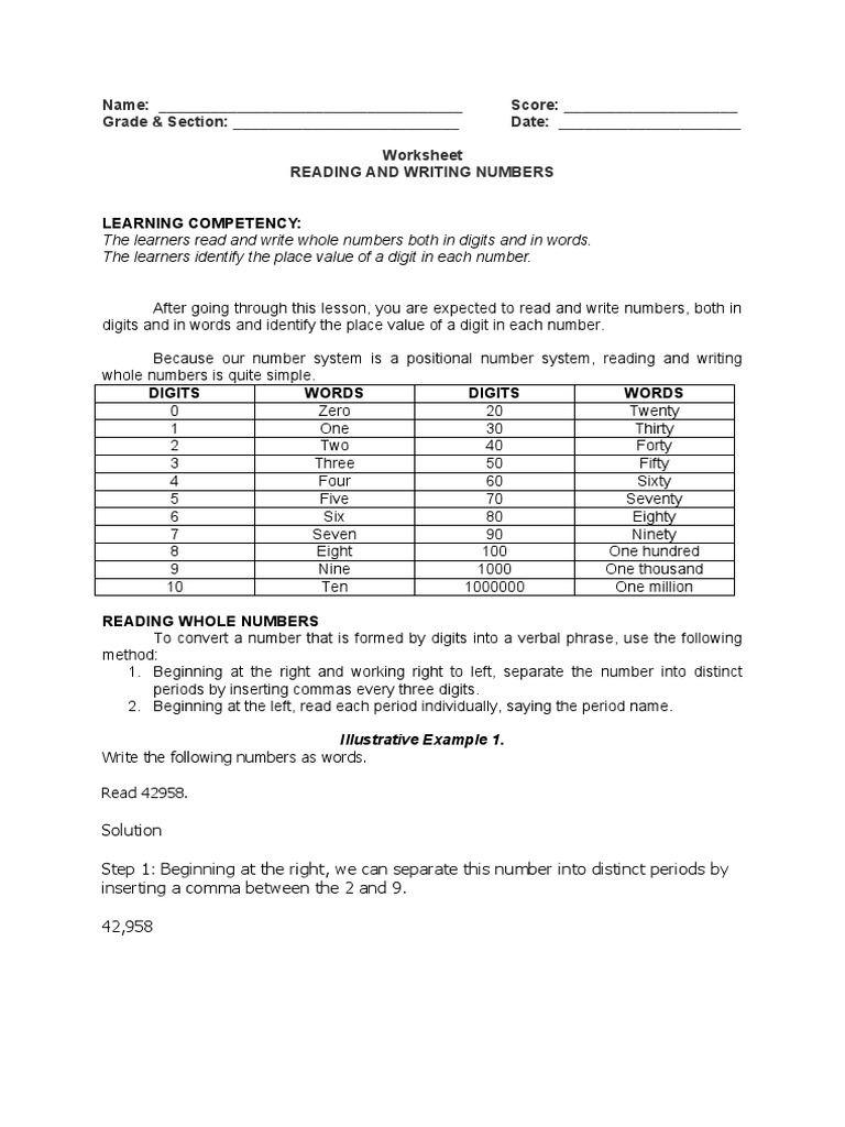 Reading and Writing Whole Numbers Worksheet | PDF | Numbers | Learning