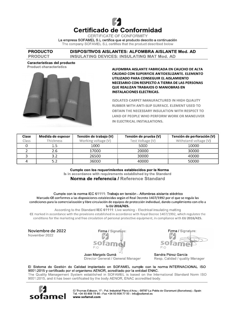 Certificado Alfombra Sofamel | PDF