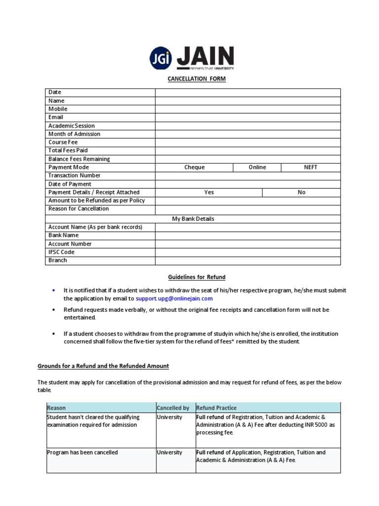Jain Cancellation Form | Download Free PDF | Fee | Payments