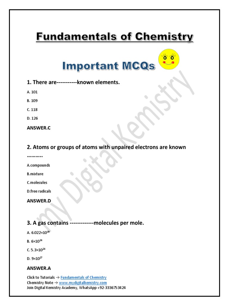 Fundamentals of Chemistry MCQs PDF | PDF | Chemistry | Mole (Unit)