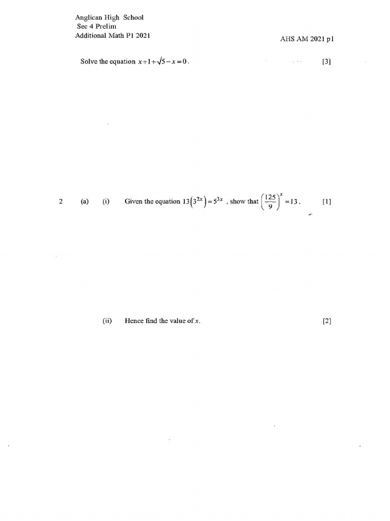 A-Math - Sec 4 Prelims Exam Paper - 2021 - Anglican High | PDF