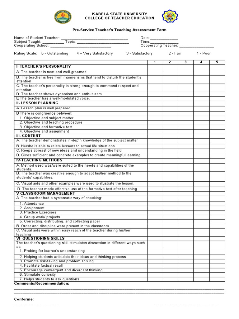 Pre Service Teachers Teaching Assessment Form | PDF | Teachers ...