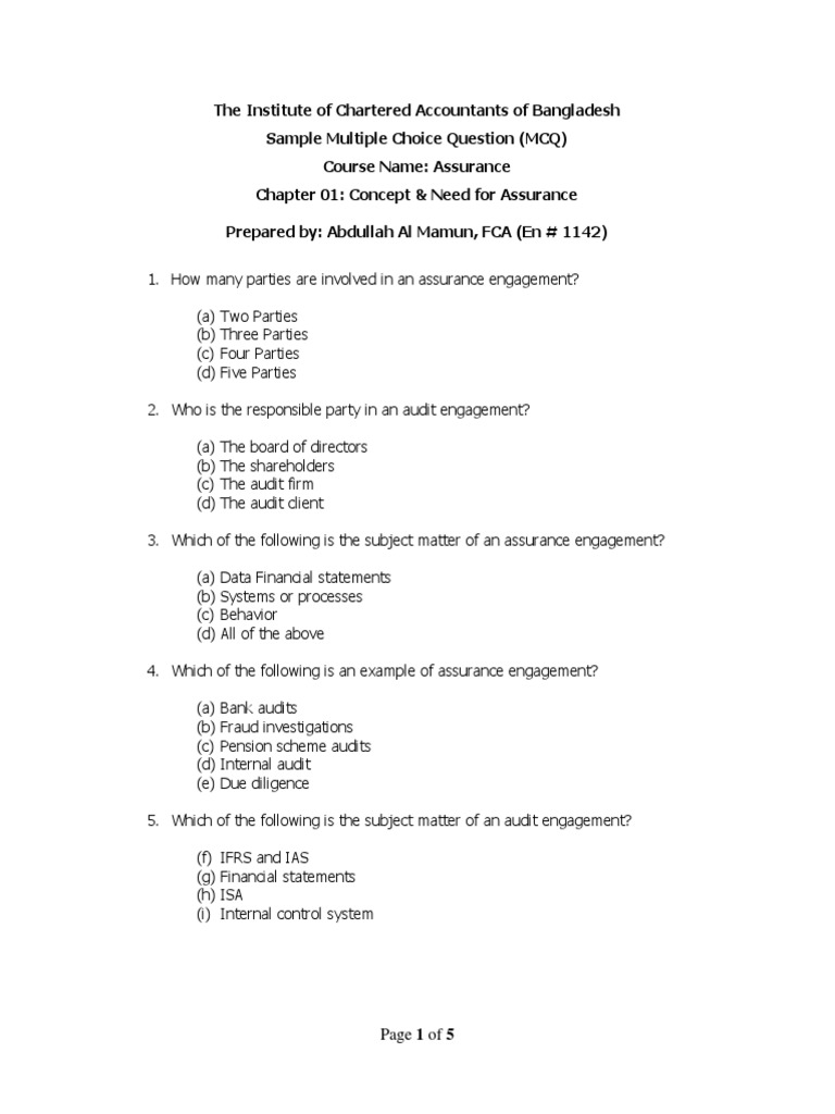 Sample MCQ For Assurance - Chapter 01 - Mamun | PDF | Audit | Financial Audit