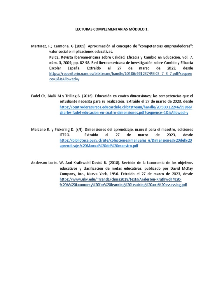 Listado de Lecturas Complementarias Módulo 1 | PDF