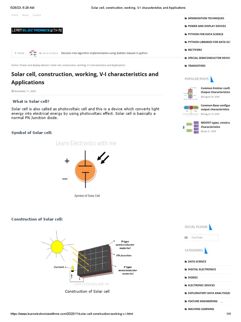 Solar Cell, Construction, Working, V-I Characteristics and Applications ...