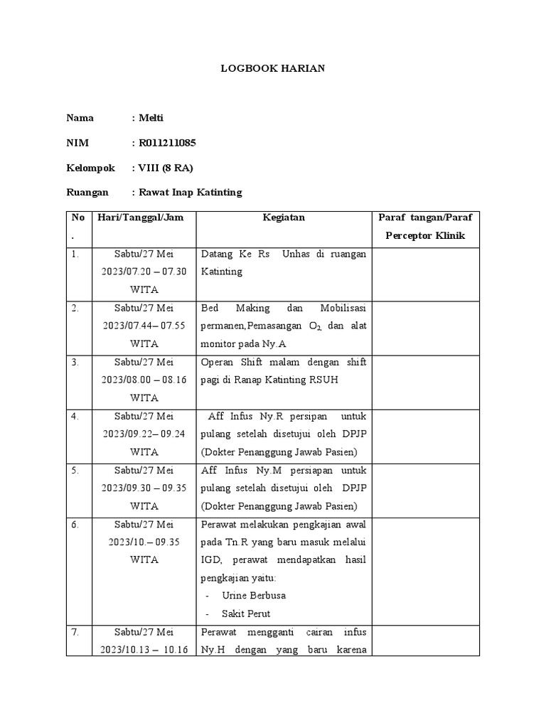 Logbook Harian Perawatan Pasien | PDF