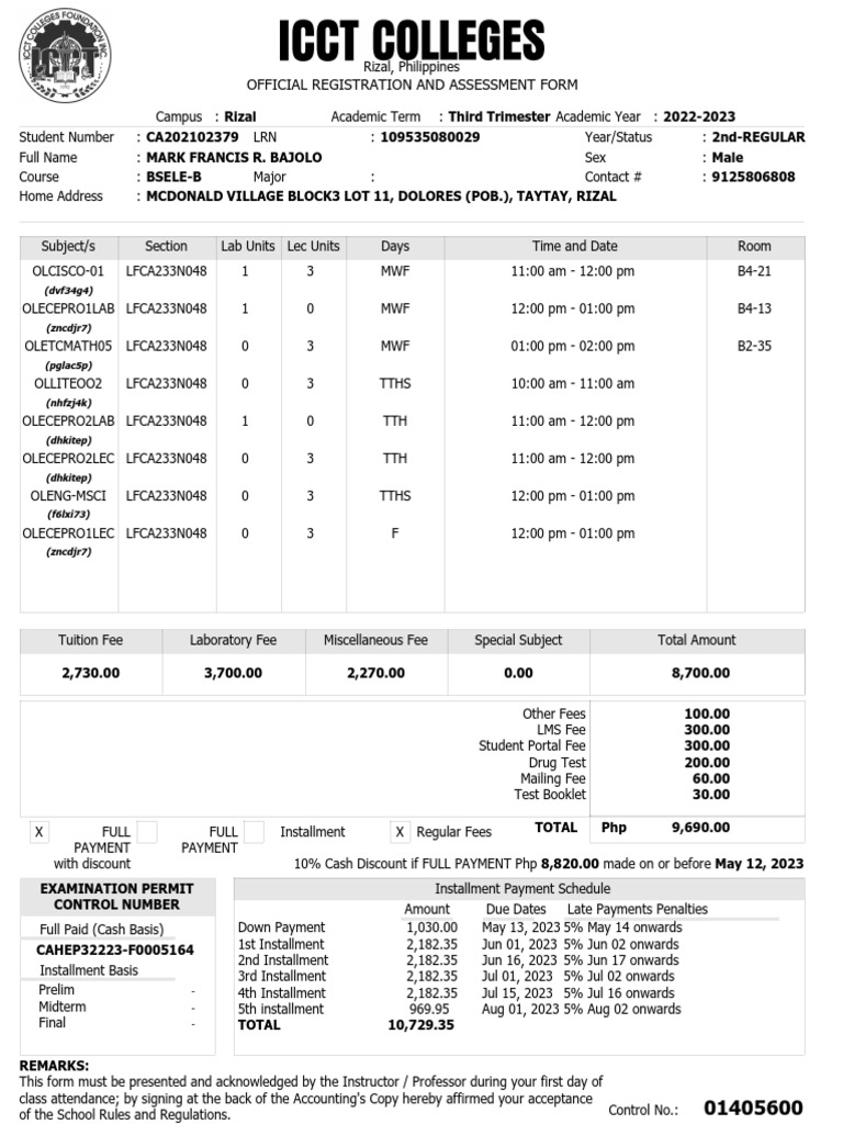 Official Registration and Assessment Form | PDF | Money