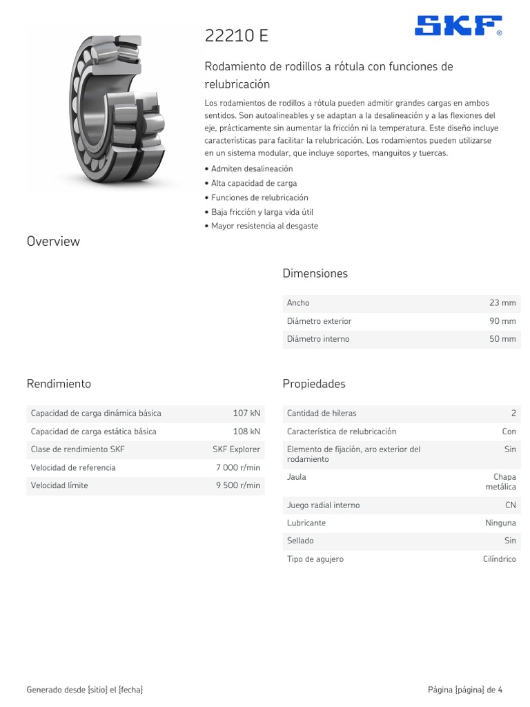 SKF 22210 E Specification | PDF | Ingeniería mecánica