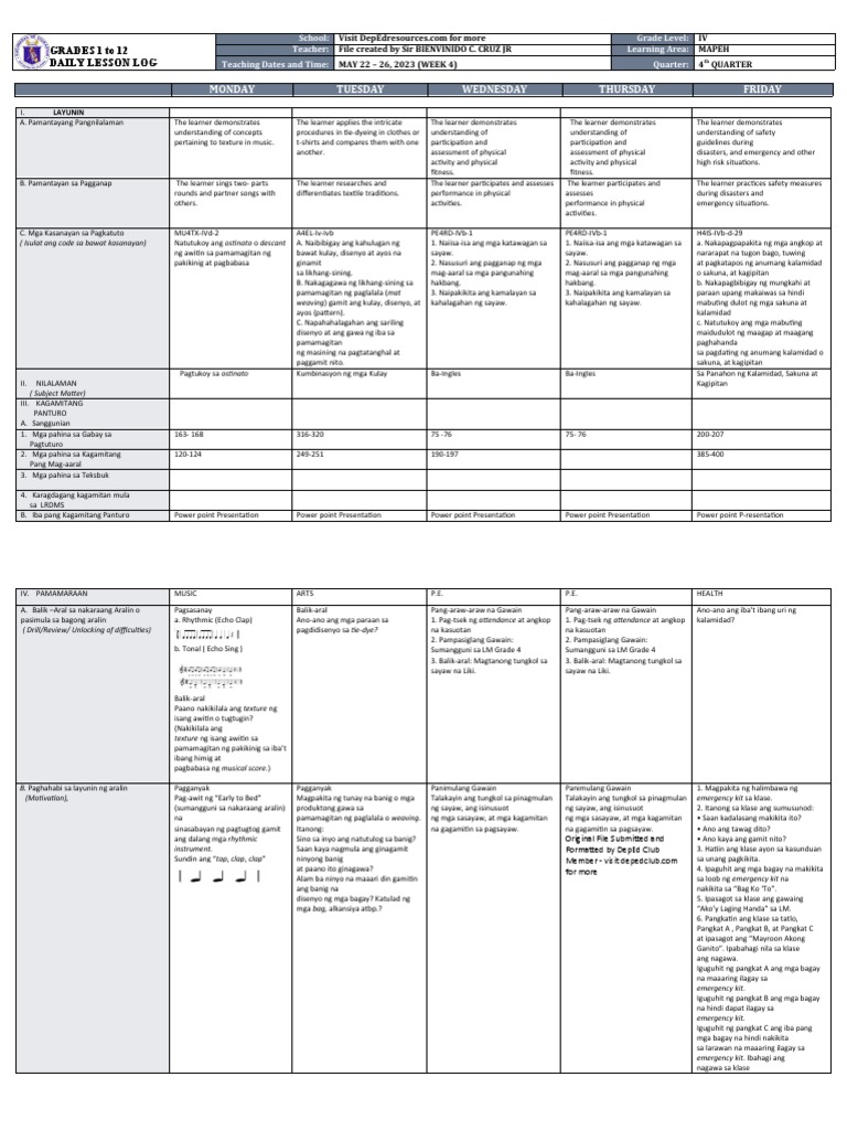 DLL - Mapeh 4 - Q4 - W4 | PDF