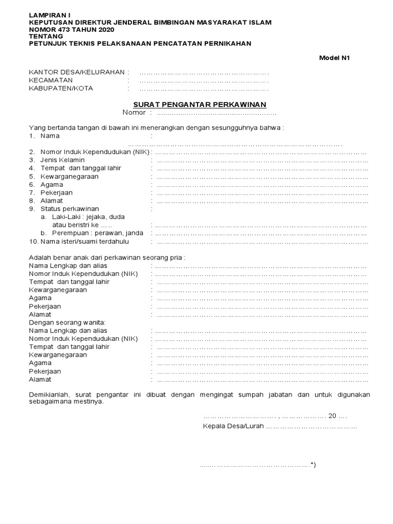 Formulir Nikah Model N1-N7 2020 | PDF