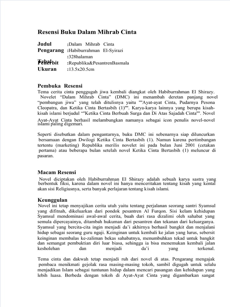 Dokumen - Tips - Resensi Buku Dalam Mihrab Cinta | PDF