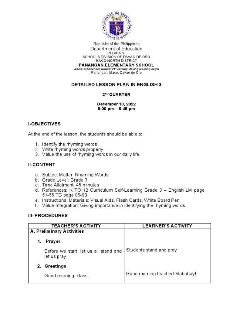 Detailed Lesson Plan English Rhyming Words | PDF | Lesson Plan | Teachers