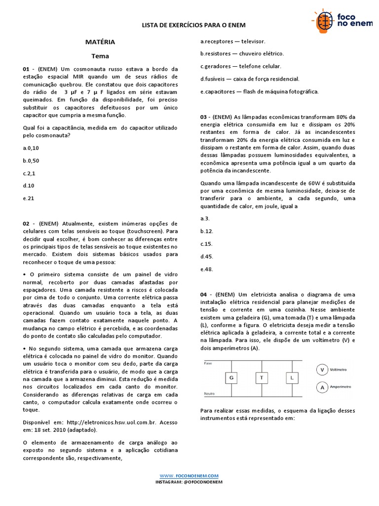 Eletrodinamica Lista de Exercicios Fisica ENEM | PDF | Rede elétrica | Corrente elétrica