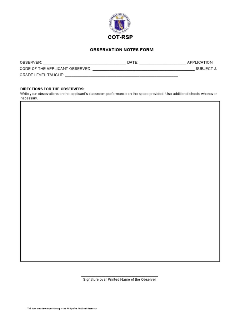Annex K - COT RSP Observation Notes Form | PDF