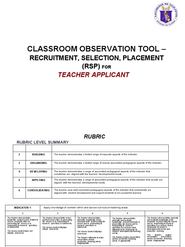 Annex J - COT RSP Rubric | PDF | Educational Assessment | Teachers