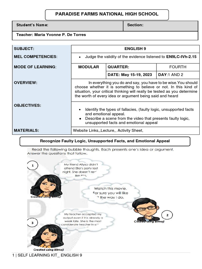 English 9 Self-Learning Kit: Critical Thinking | PDF | Career & Growth