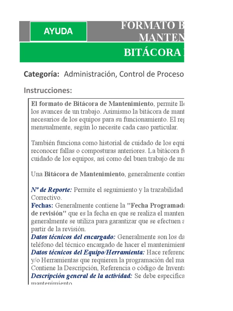 Formato Bitácora de Mantenimiento - XLSM | PDF | Microsoft Excel ...