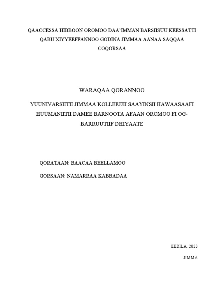 Baacaa Beellamoo Qorannoo | PDF