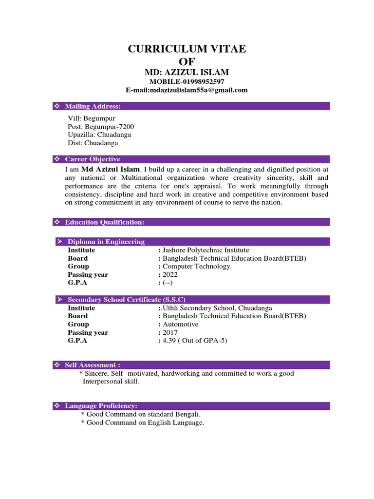 MD Azizul Islam CV (01998952597) | PDF | Computing | Software