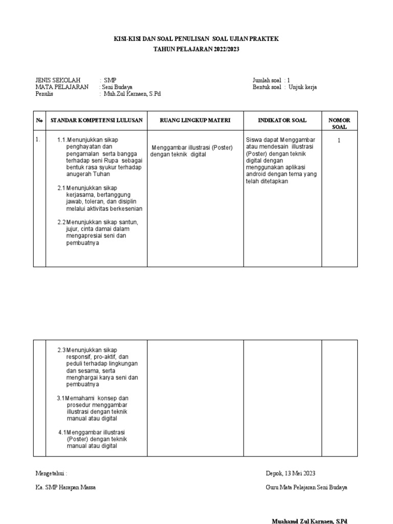 Soal Dan Kisi Kisi Ujian Praktik Seni Budaya 2023 | PDF | Karier & Perkembangan | Seni