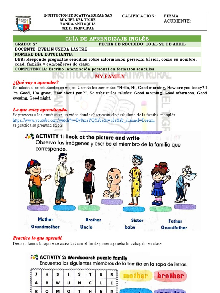 #4 Guía de Aprendizaje Inglés 2°. Abril 10 Al 21 | PDF