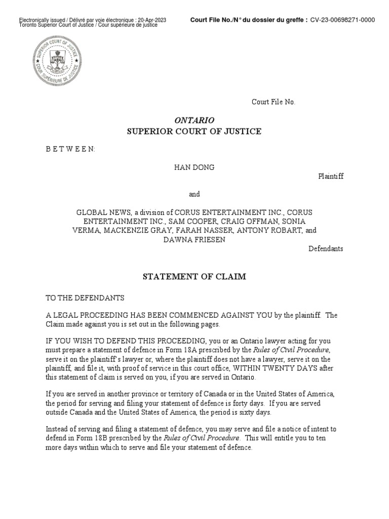 Defamation Statement of Claim - Dong V Global News Et Al - Defamation ...