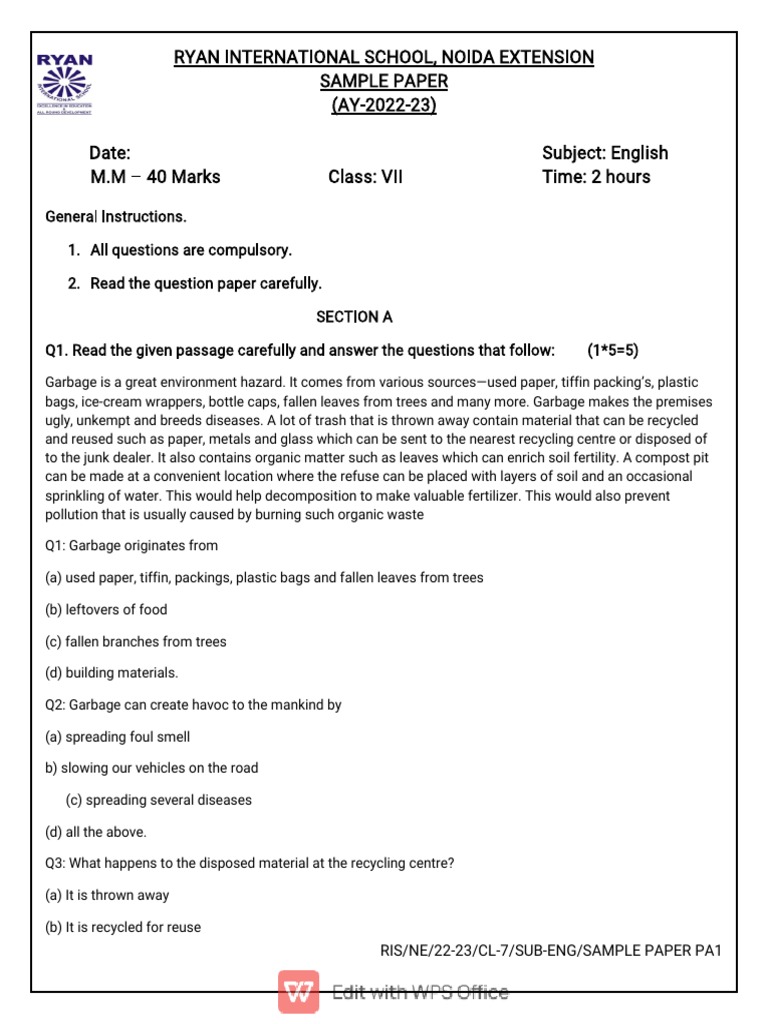 Class 7-Eng SAMPLE PAPER HY | PDF