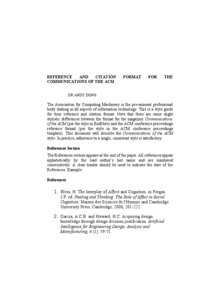 Reference and Citation Format For The Communications of The Acm | PDF ...