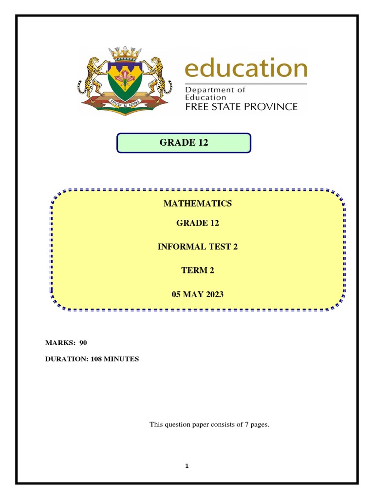 Grade 12 Informal Test 2 Term 2 2023 | PDF | Circle | Numbers