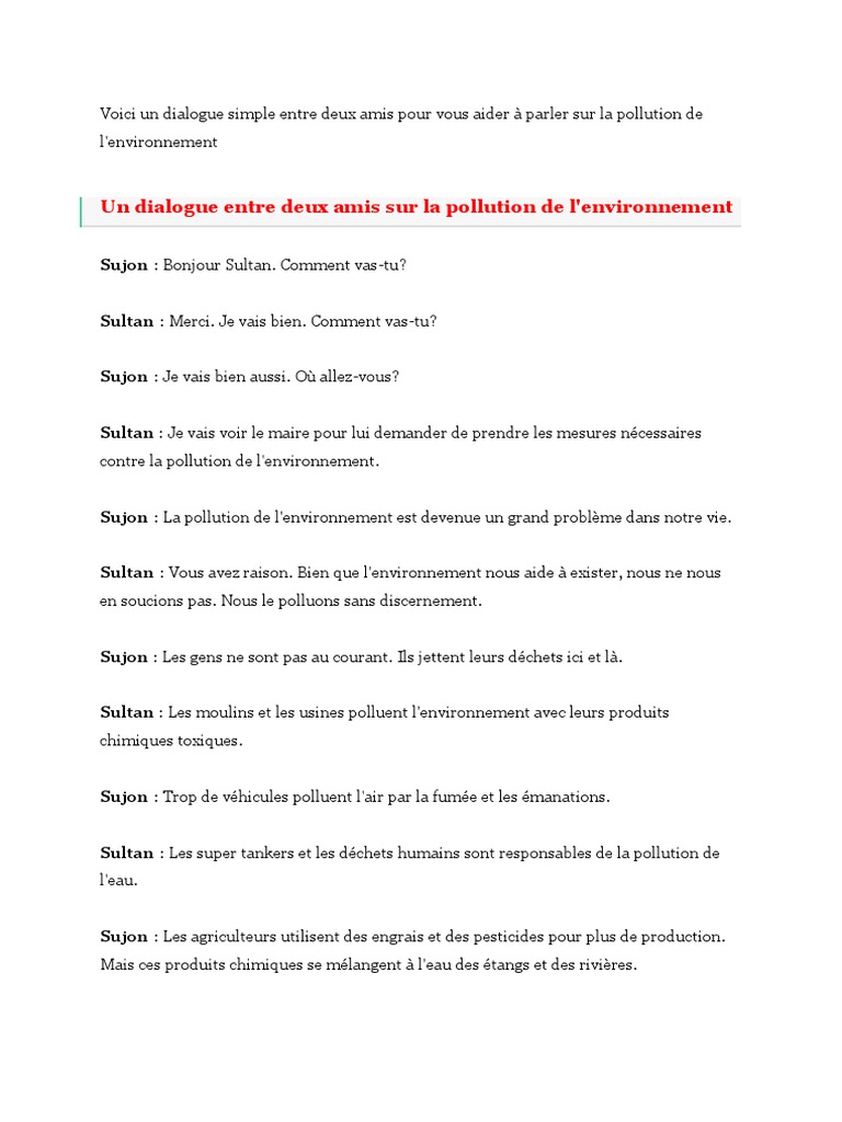 Dialogue sur la pollution entre amis | PDF