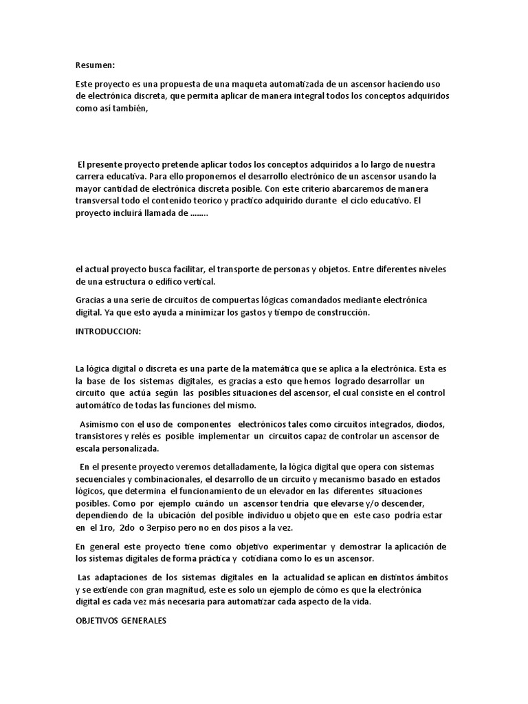 Informe Del Proyecto | PDF | Electrónica | Ascensor