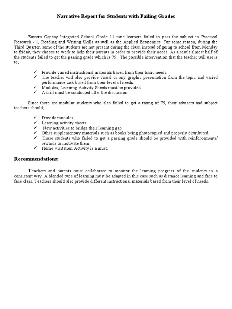Narrative Report For Students With Failing Grades | PDF