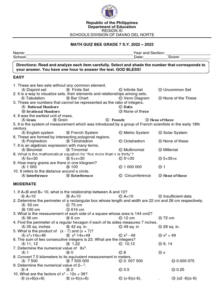 Math Quiz Bee Grade 7 | PDF