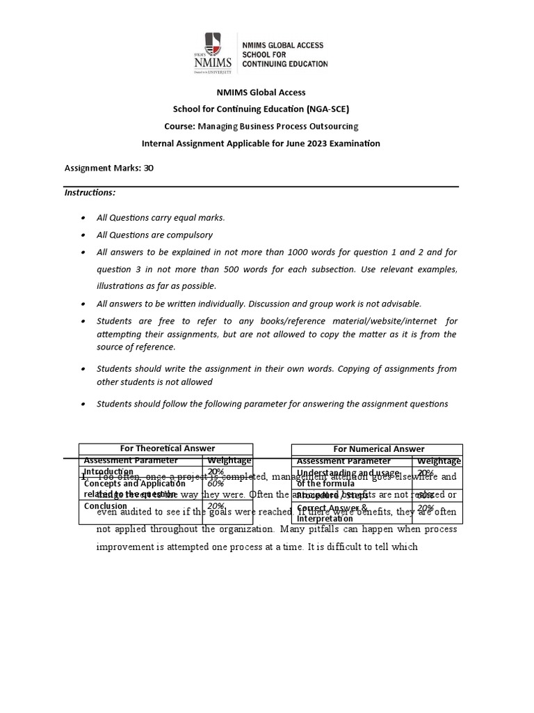 Managing Business Process Outsourcing - Assignment June 2023 KppeMokAcE | PDF | Outsourcing ...