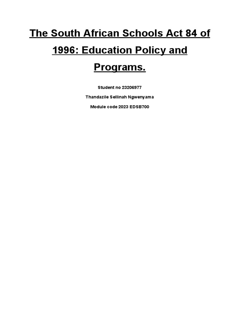 The South African Schools Act 84 of 1996 - Education Policy and Programs | PDF ...